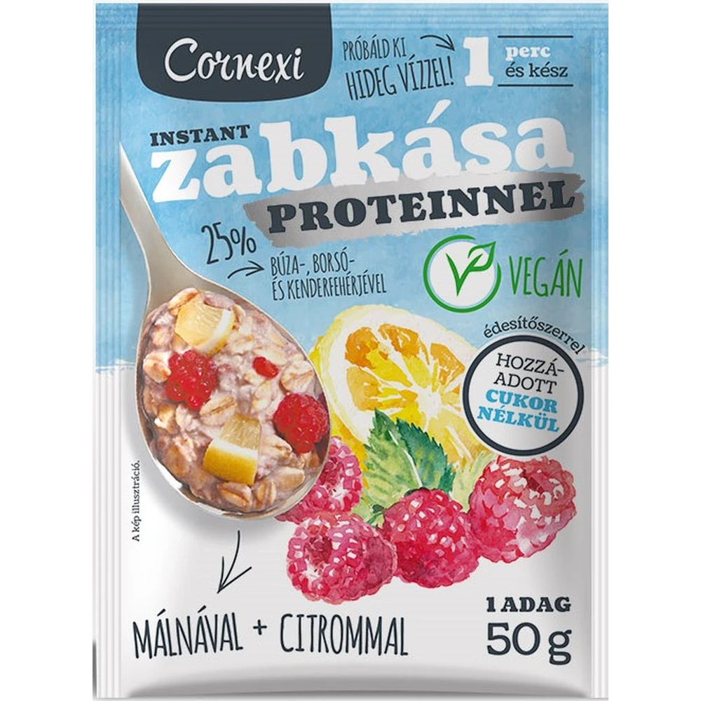 Cornexi málnás-citromos protein zabkása édesítőszerrel vegán 50g - iPon.hu