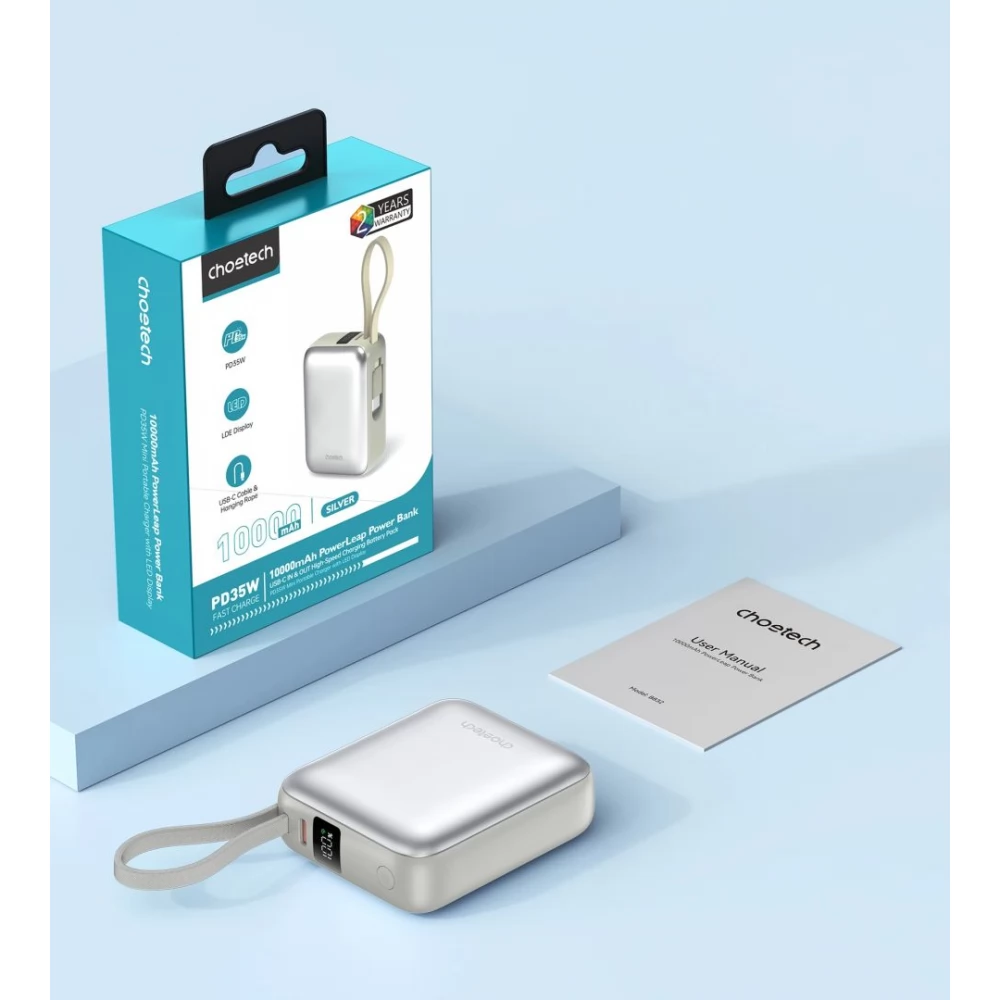 CHOETECH B832 Mini Powerbank 10000mAh USB-C kábel 35W ezüst - iPon.hu