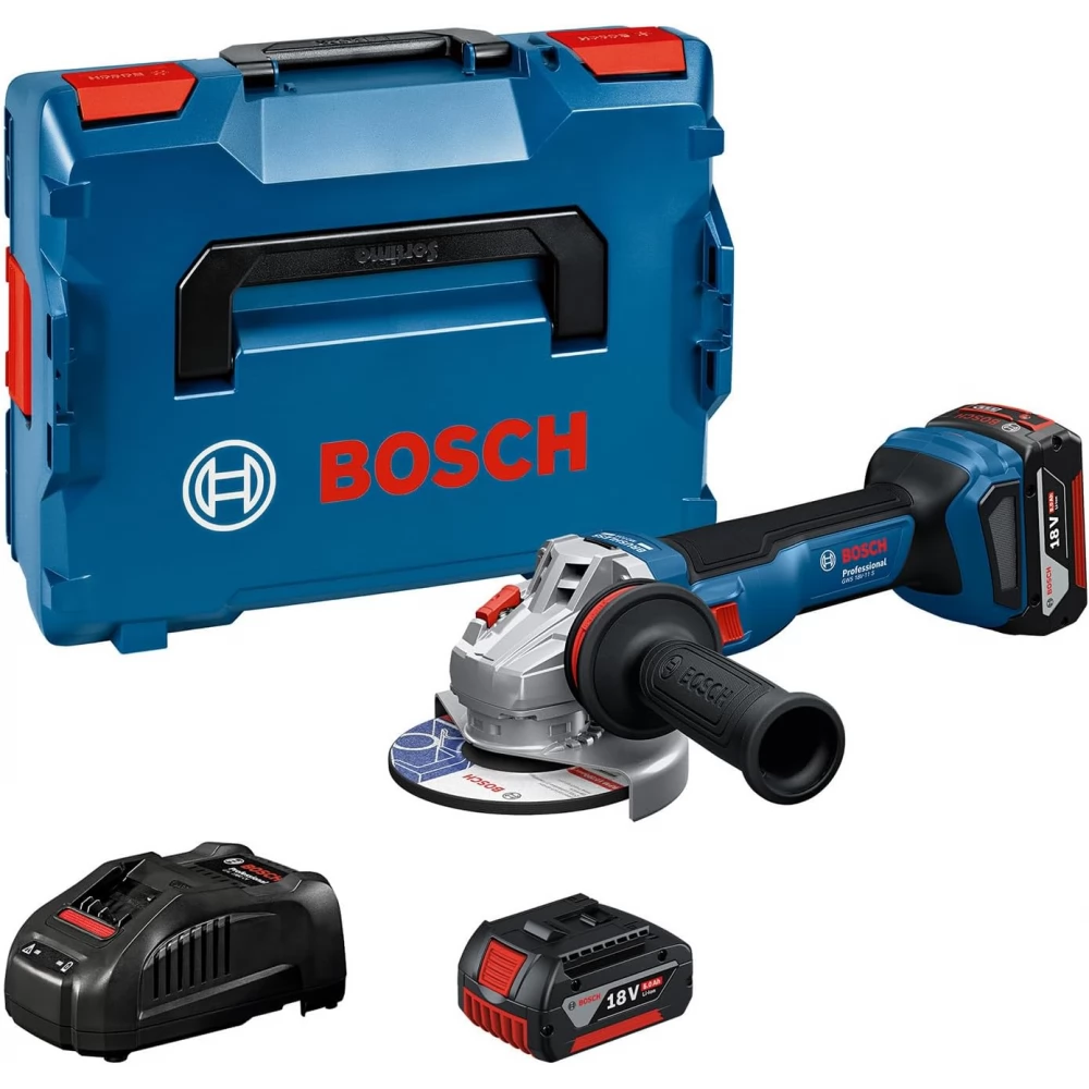 BOSCH GWS 18V-11 S Professional Akkus brus + 2x5.0Ah akku + L-BOXX 136 ...