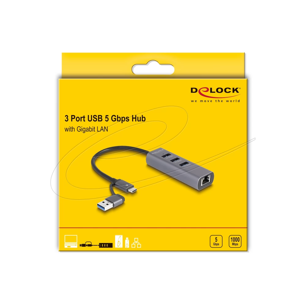 DELOCK 3 portos USB 5 Gbps Hub + Gigabit LAN USB Type-C cu conexiune ...