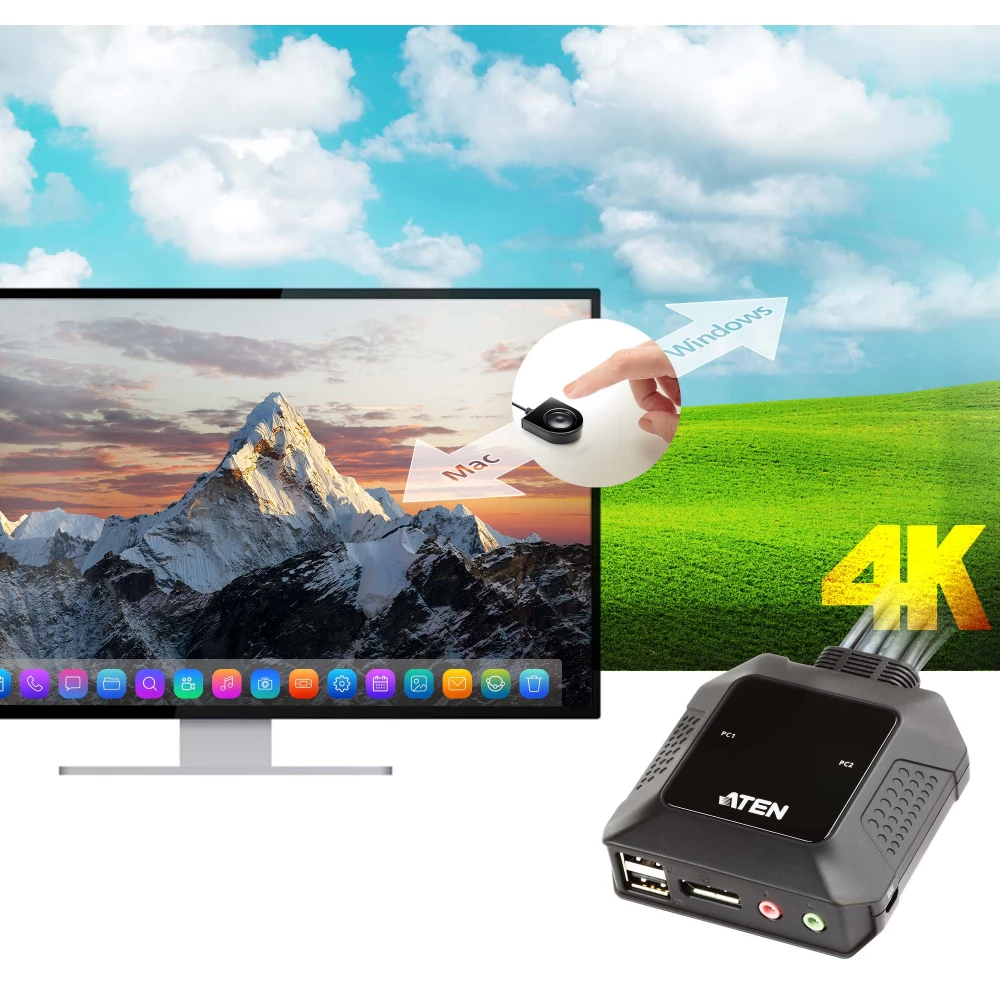 Aten 2 Port Usb Displayport Cable Kvm Switch With Remote Port Selector