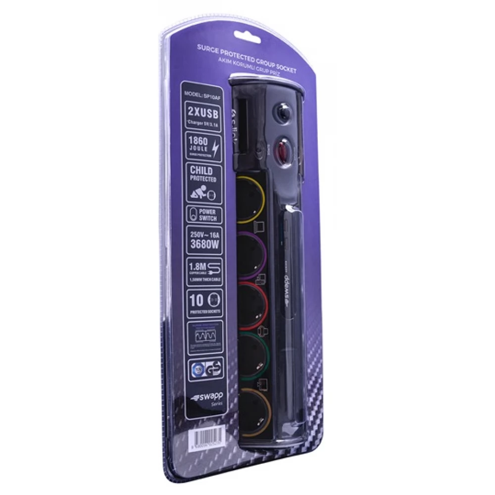 S-LINK Swapp SP10AF 10 aljzat Elosztó 2x USB 1.8m fekete védett ...