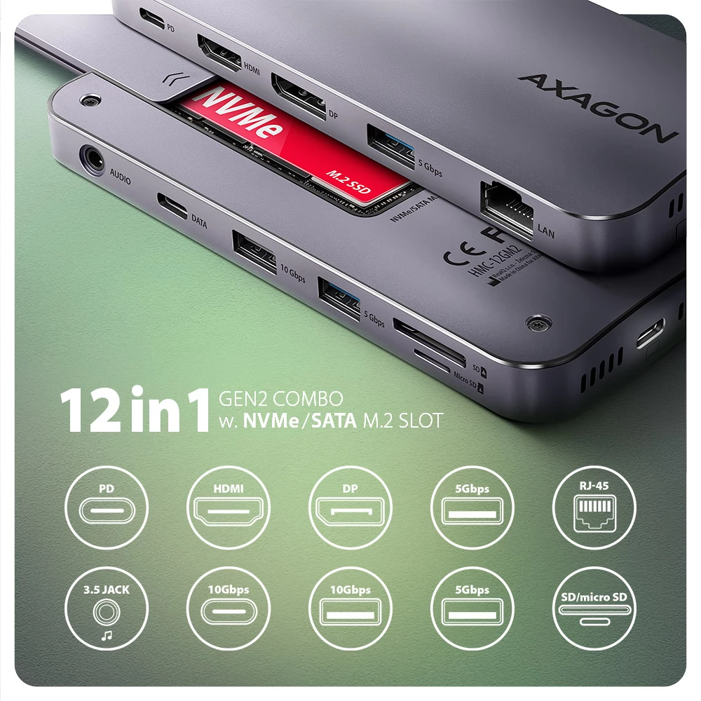 AXAGON HMC-12GM2 USB-C 10Gbps GEN2COMBO 12in1 hub - iPoncomp.com