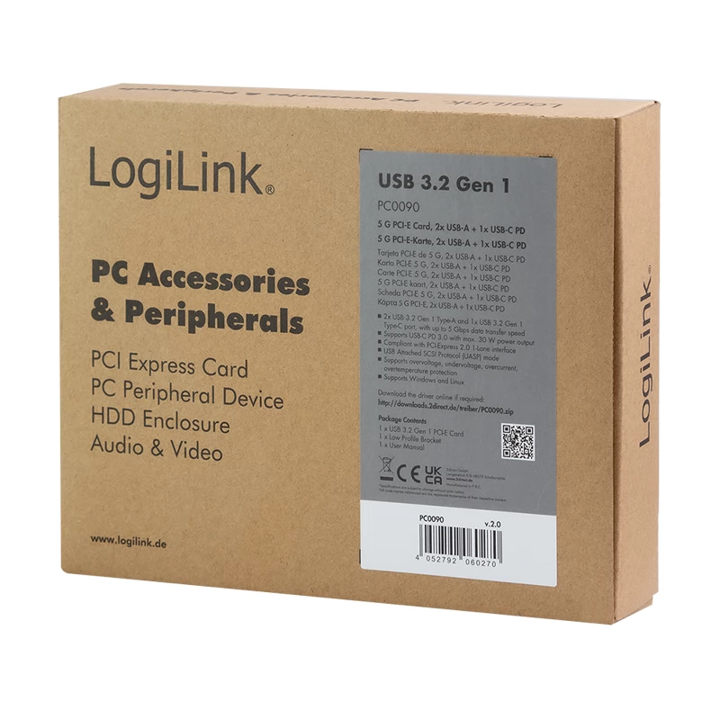 LOGILINK PCI Express Card USB 3.2 Gen1x1 1x USB-C PD 3.0 and 2x USB 3.0 ...