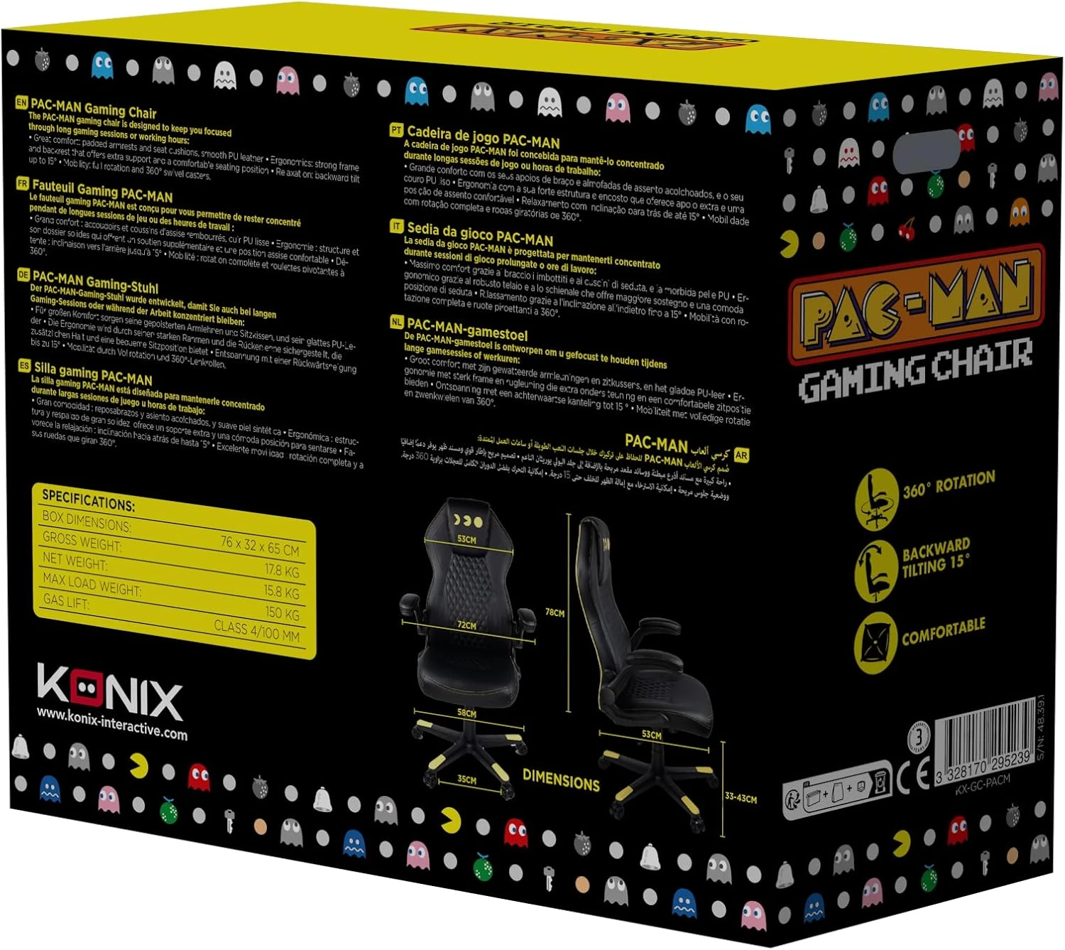 KONIX Pac-Man Gamer chair Black-yellow - iPoncomp.com