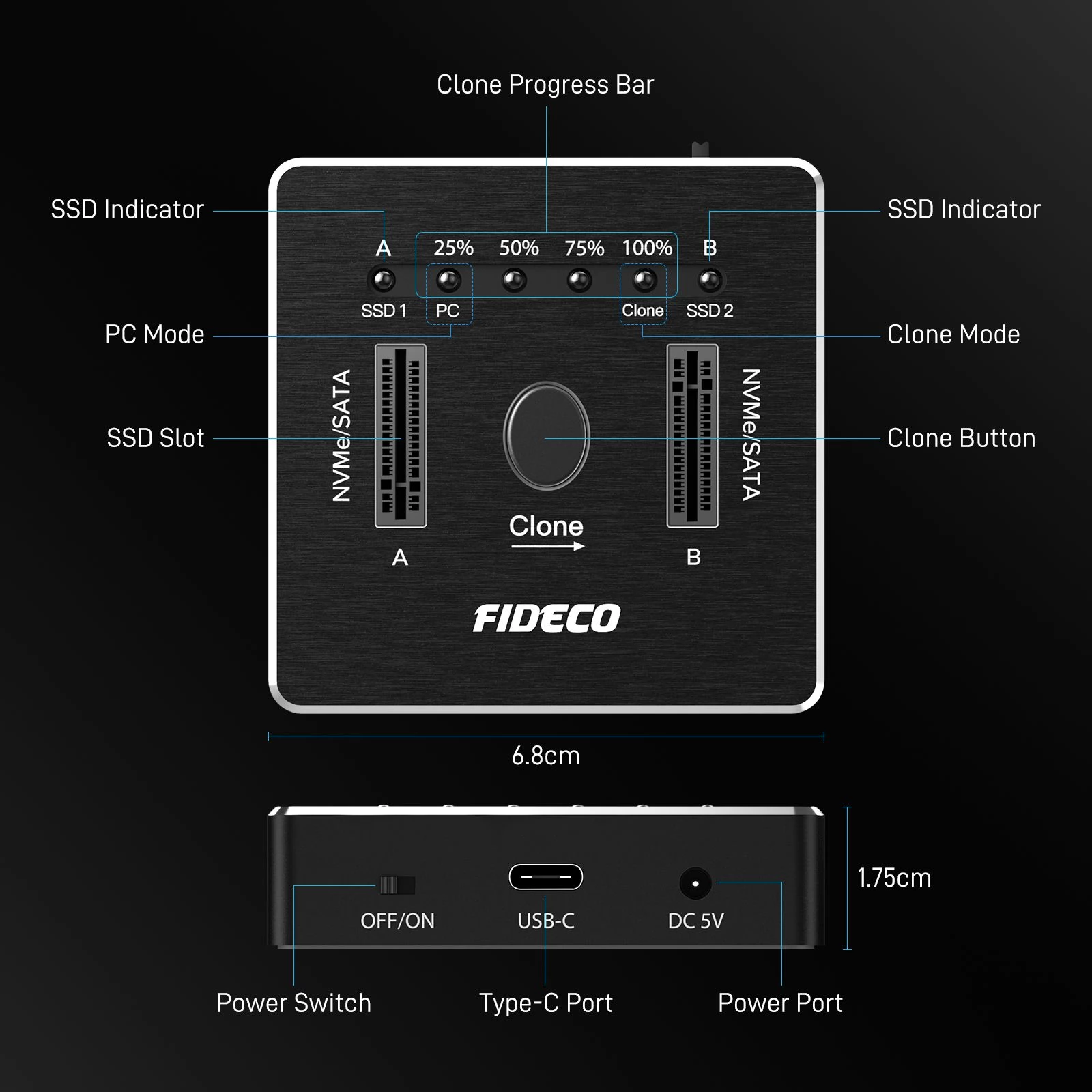 FIDECO M.2 NVMe/SATA SSD USB-C 3.2 dokkoló/klónozó állomás fekete - iPon.hu