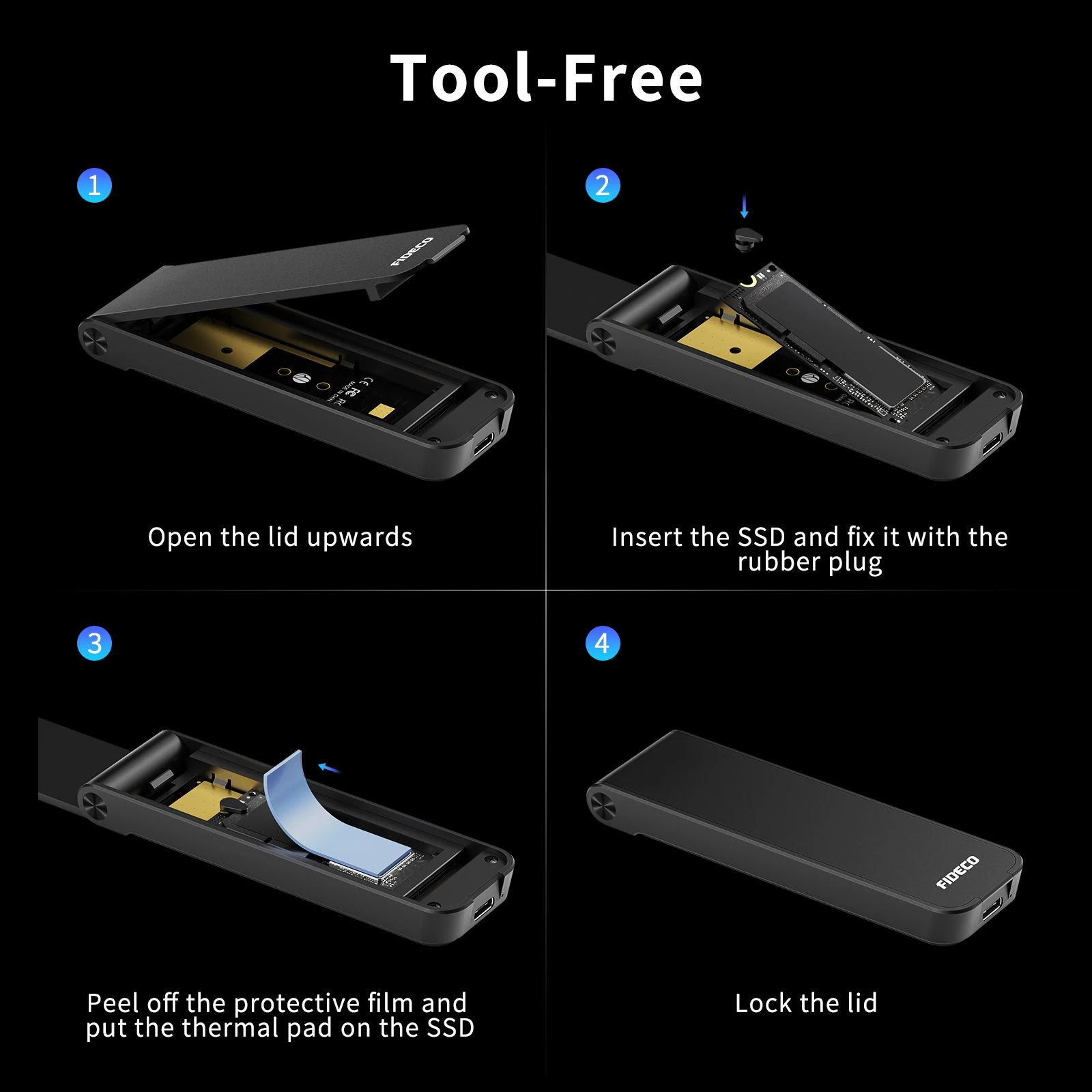 FIDECO M.2 NVMe SSD USB-C 3.2 hard drive case black - iPoncomp.com